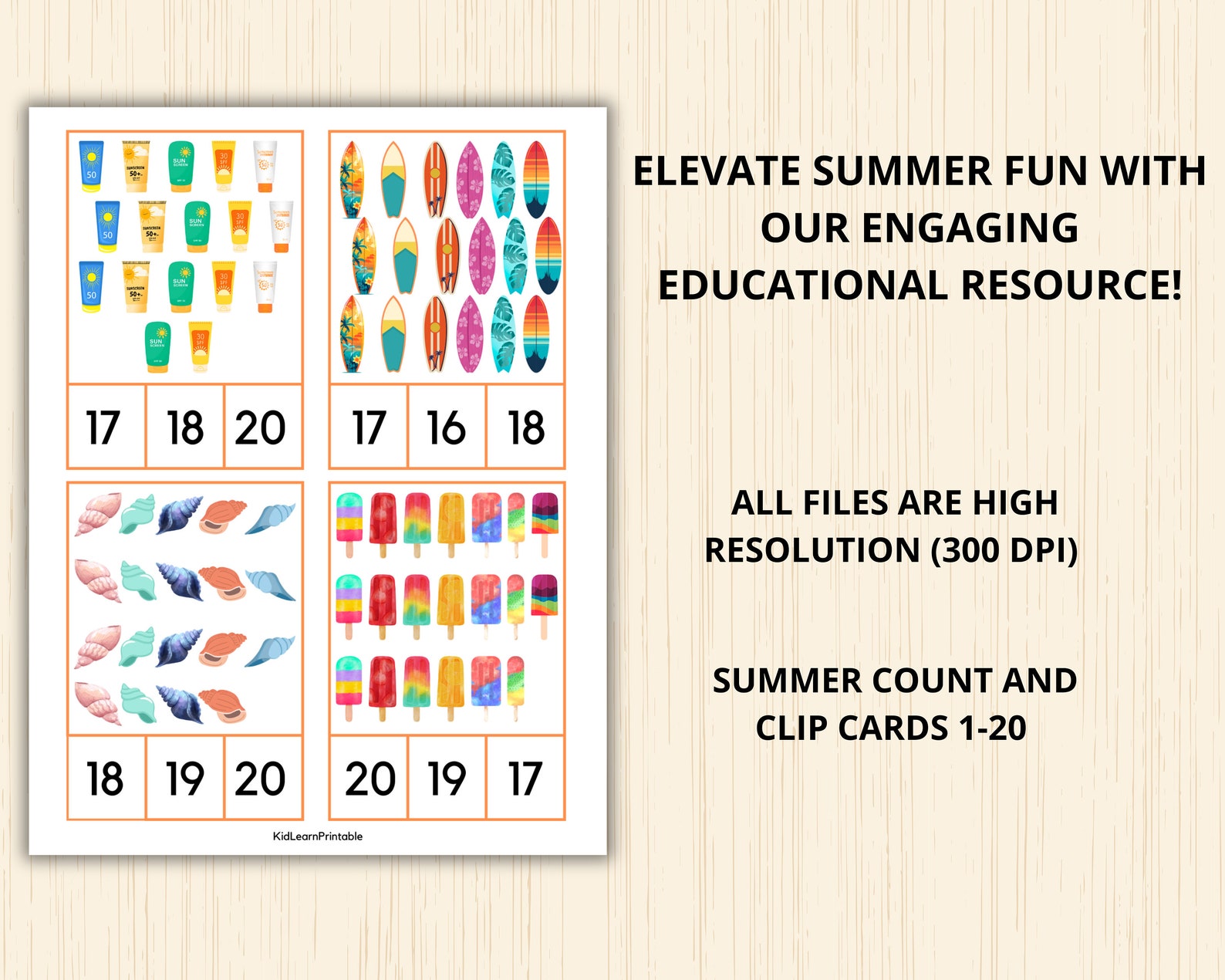 Summer Count and Clip Cards,numbers 1-20,preschool Math,kindergarten ...