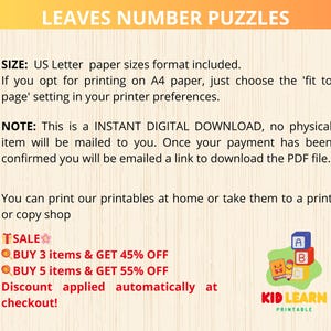 Fall Leaves Number Puzzles,autumn Preschool Math Activity,leaf Puzzle ...