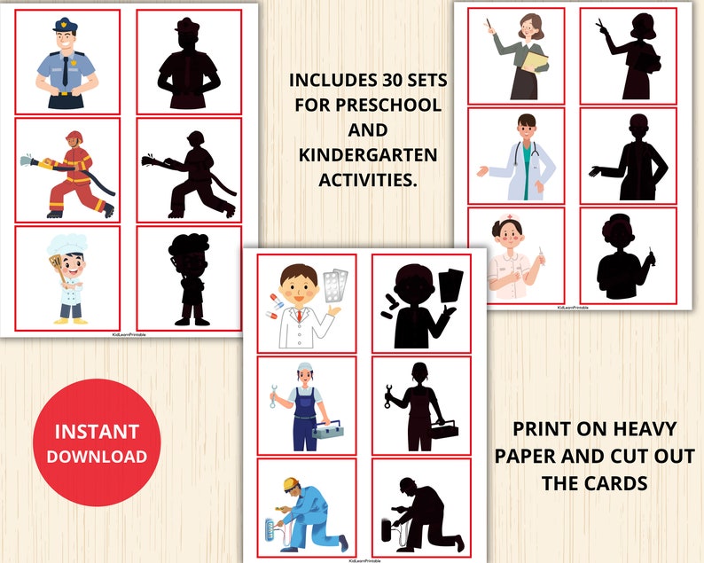 Occupation Shadow Matching,professions Matching Activity,silhouette ...
