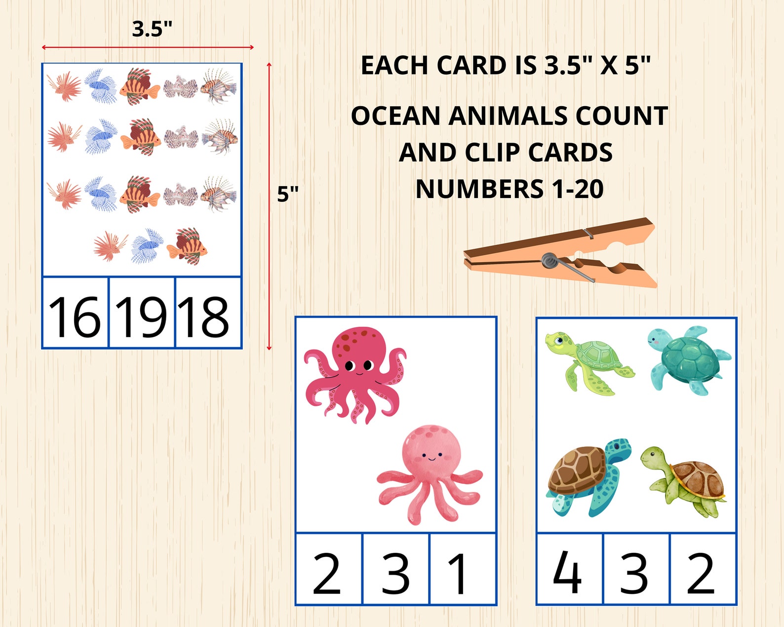 Ocean Animal Count and Clip Cards,numbers 1-20,ocean Animals Flashcards ...