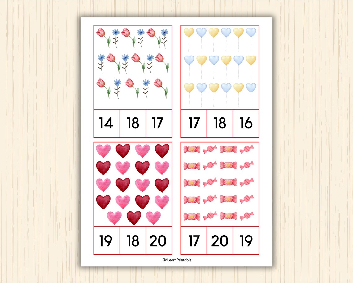 Valentine Count and Clip Cards,valentine's Day, Preschool Activity ...