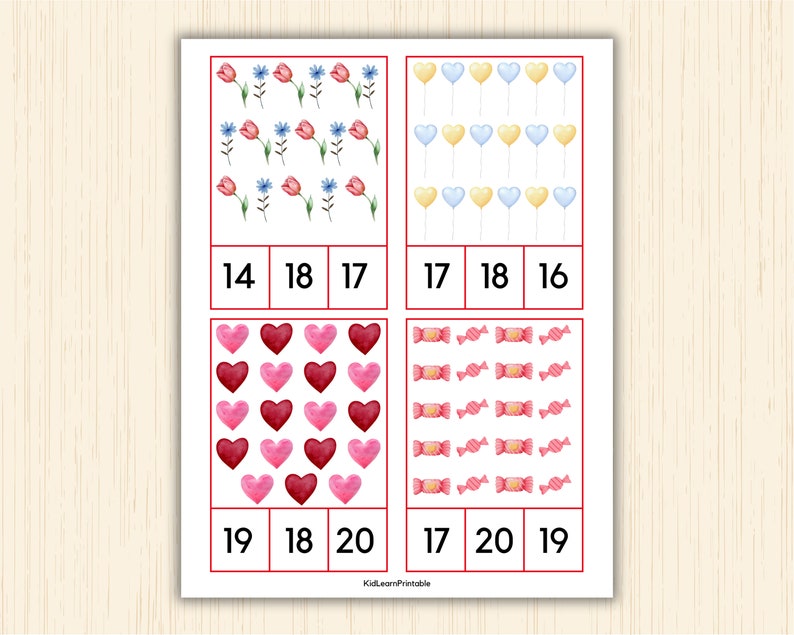 Valentine Count and Clip Cards,valentine's Day, Preschool Activity ...