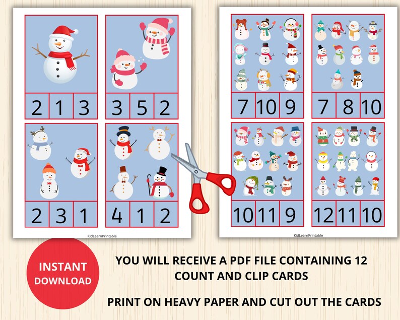 Snowman Count and Clip Cards,counting Snowman Cards,montessori Cards ...