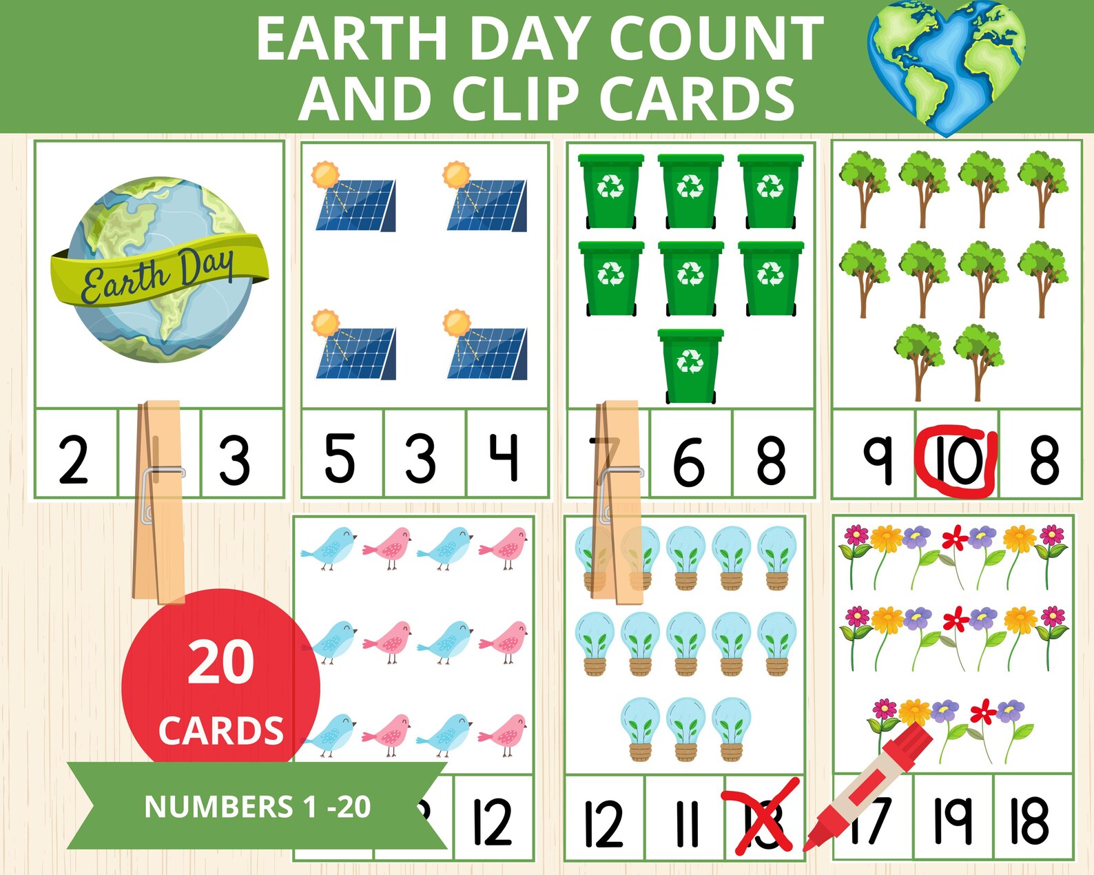 Earth Day Count and Clip Cards,numbers 1-20,counting Cards, Earth Day ...
