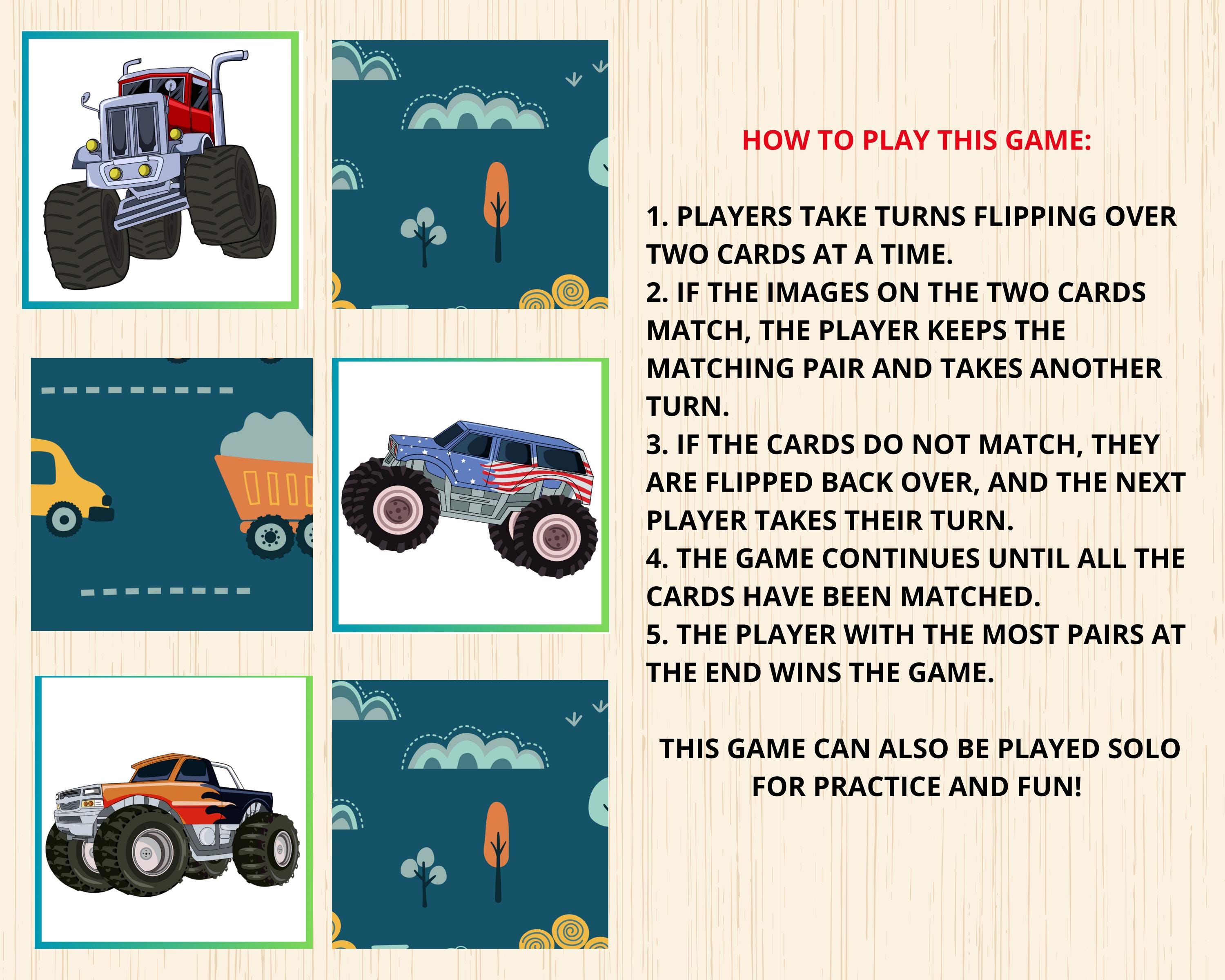 Monsters Truck Memory Game,monster Truck Matching Activity,memory Card ...