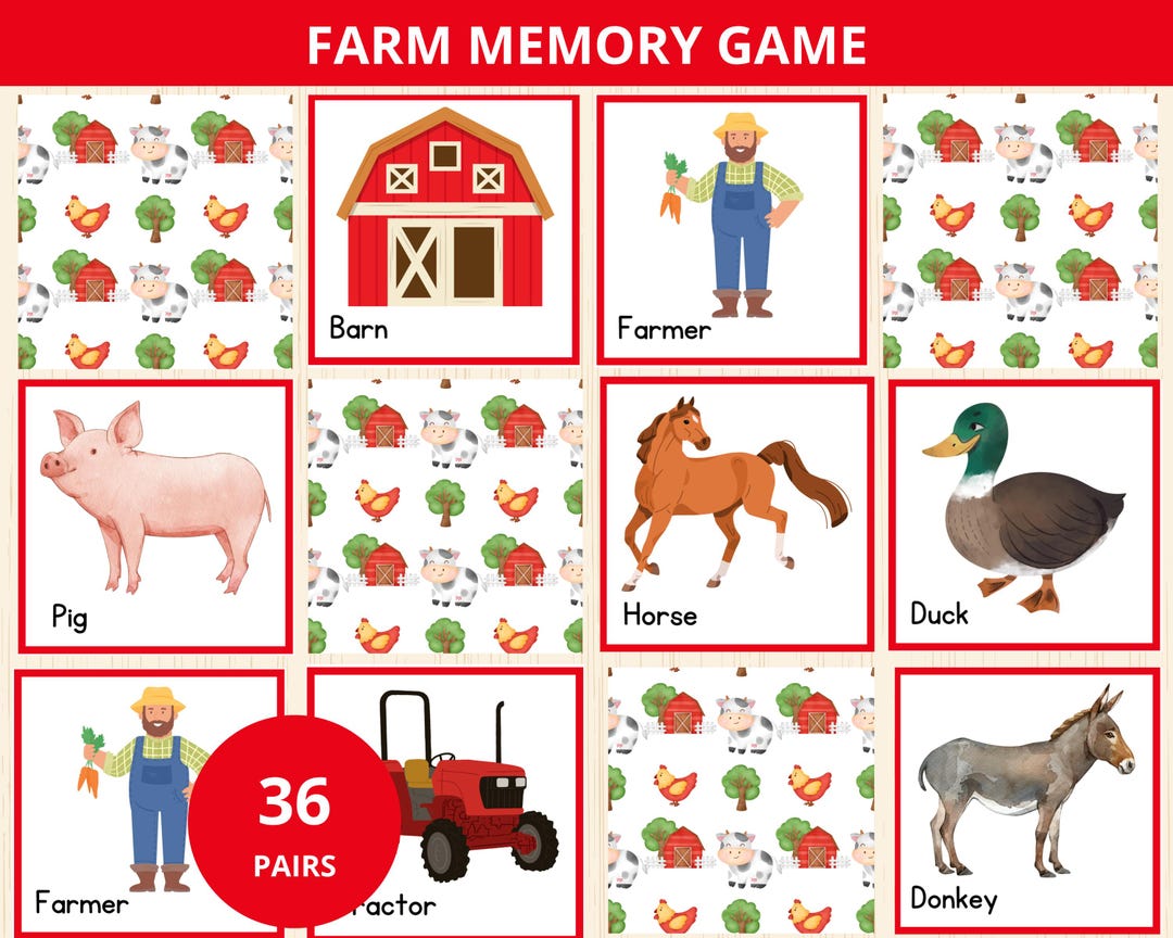Farm Memory Game,farm Animal Matching Game,farm Matching Activity ...