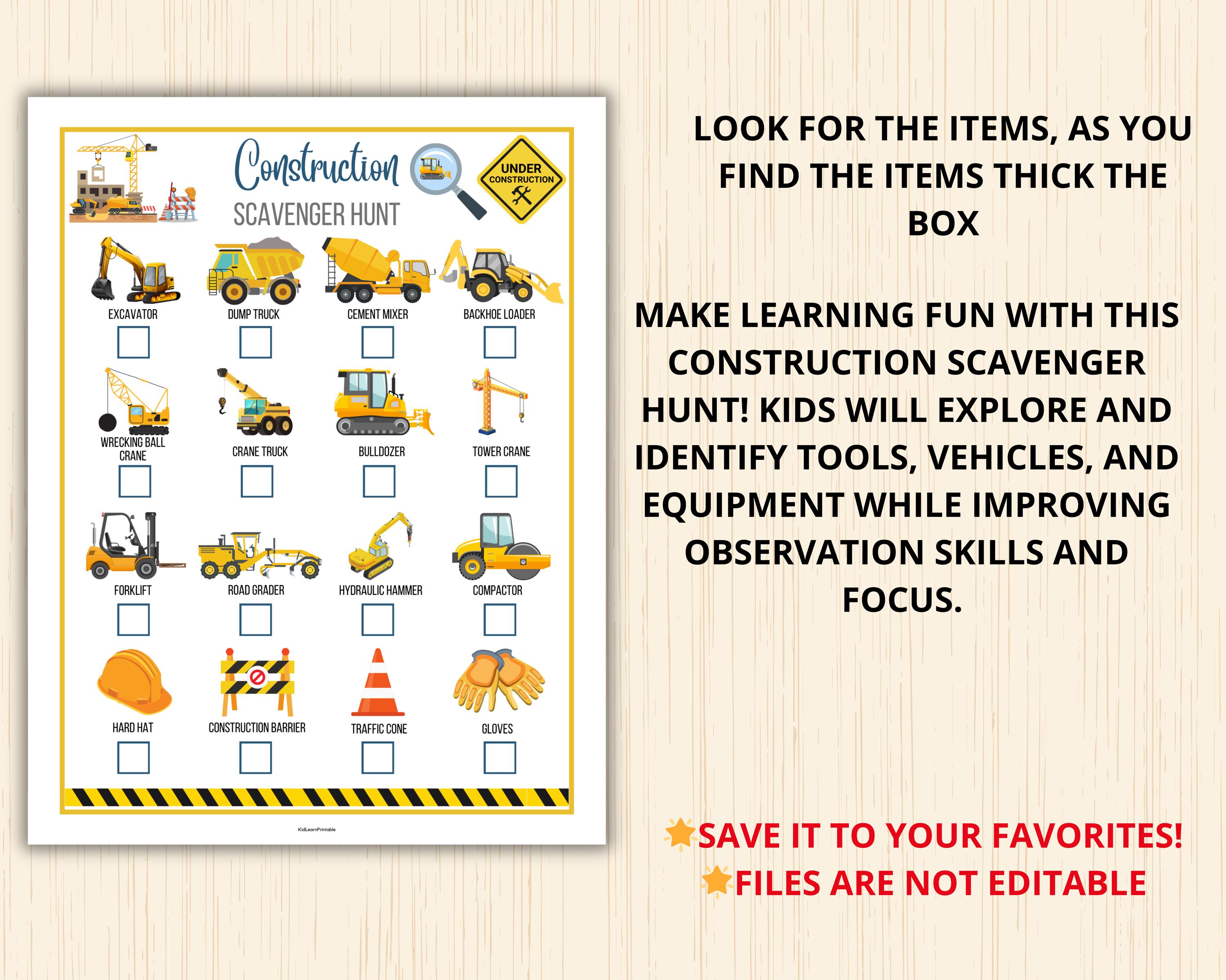 Construction Scavenger Hunt,vehicles Scavenger Hunt for Kids,indoors ...