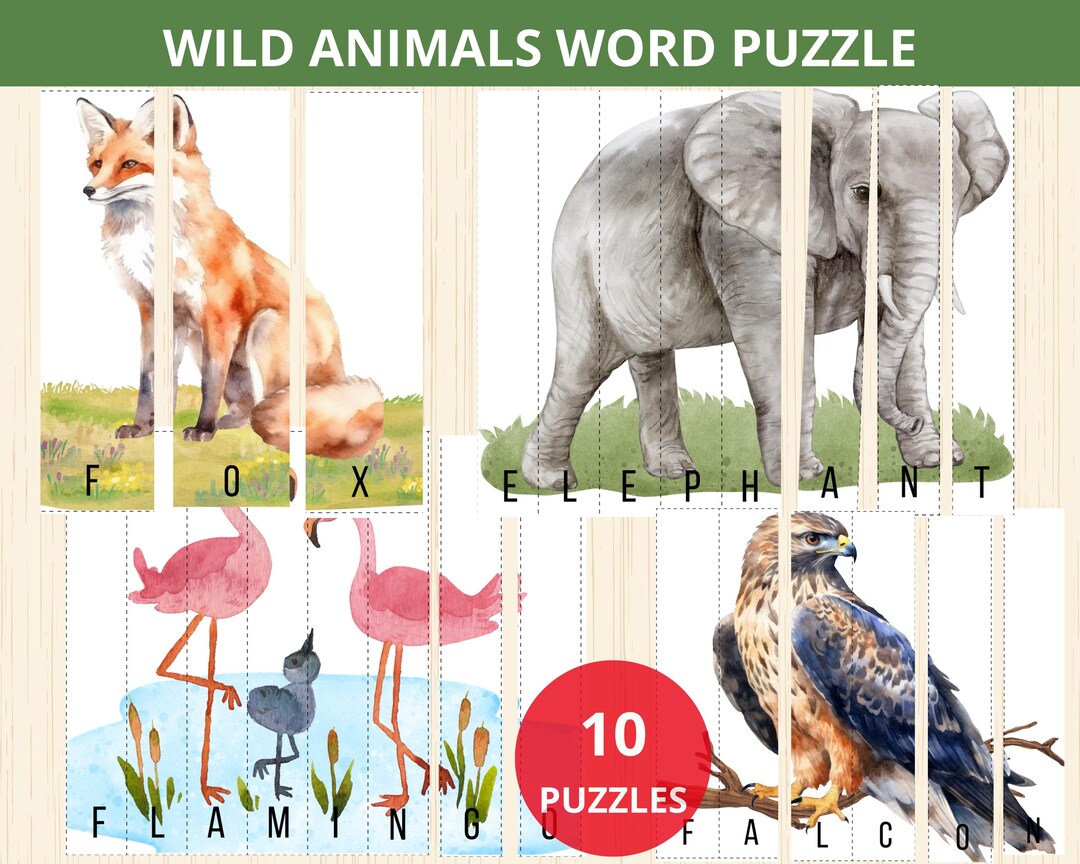 Wild Animal Word Puzzle,animal Montessori Puzzle,wild Animal Preschool ...