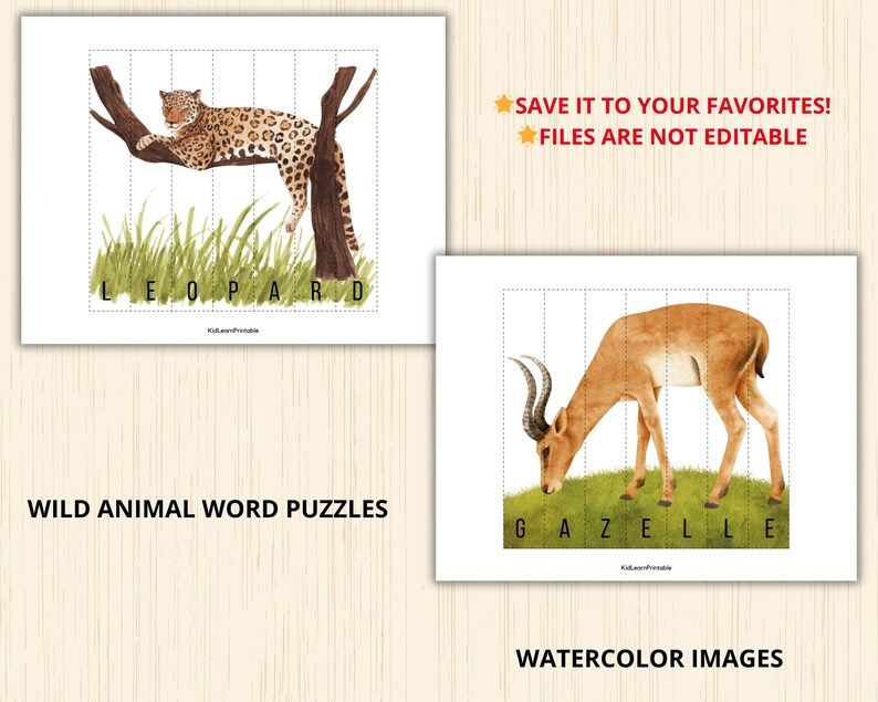 Wild Animal Word Puzzle,animal Montessori Puzzle,wild Animal Preschool ...