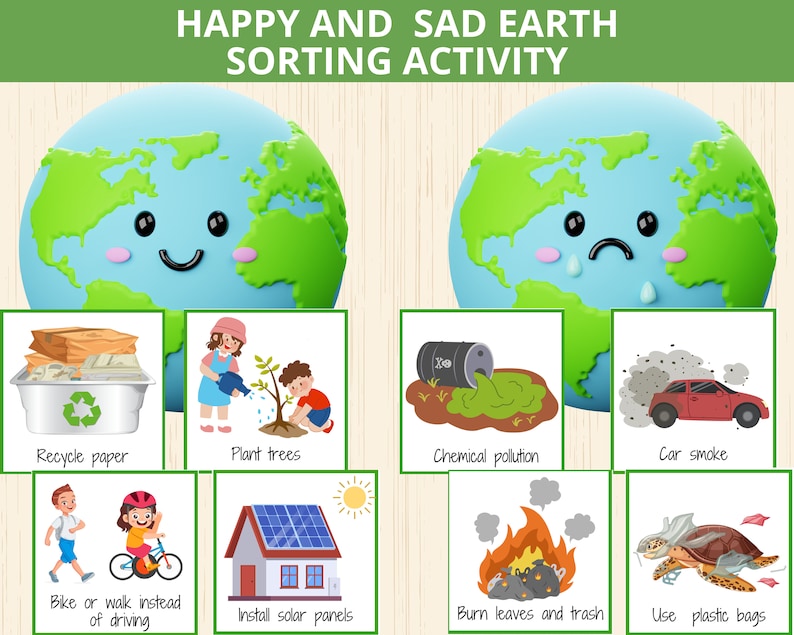 Happy Earth Sad Earth Sorting Activity,earth Day Montessori Preschool ...