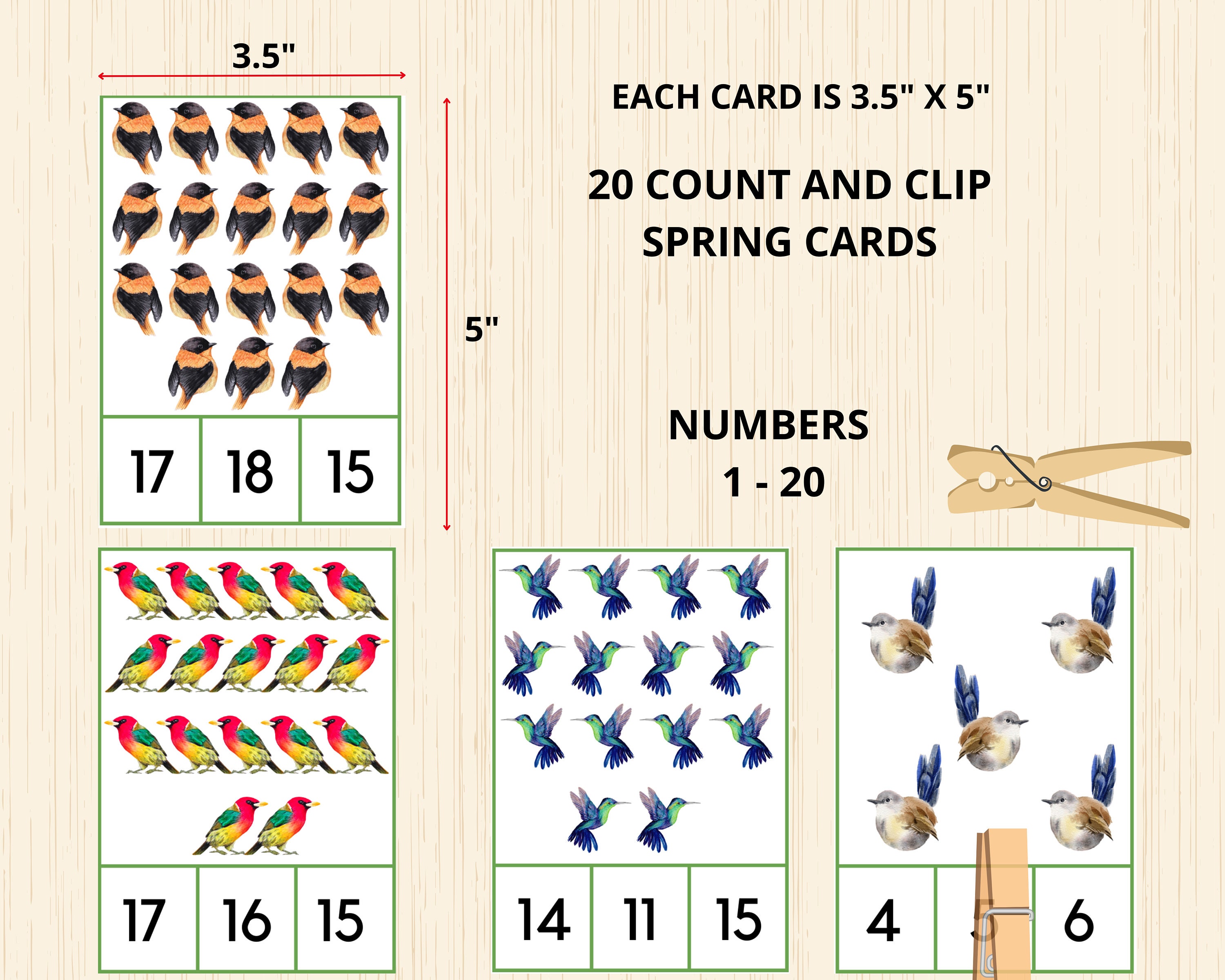 Birds Count and Clip Cards,numbers 1-20, Birds Flashcards,bird Activity ...