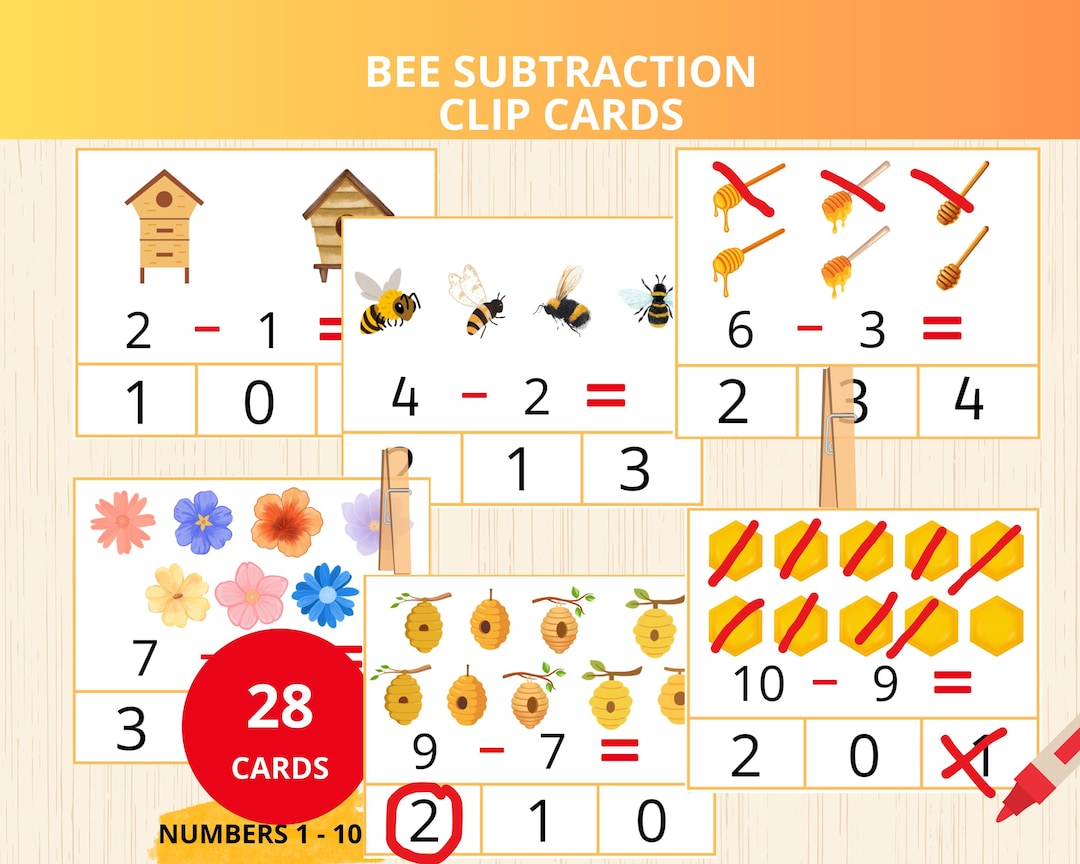 Bee Subtraction Clip Cards,bee Math Activity,math Clip Card,bee ...