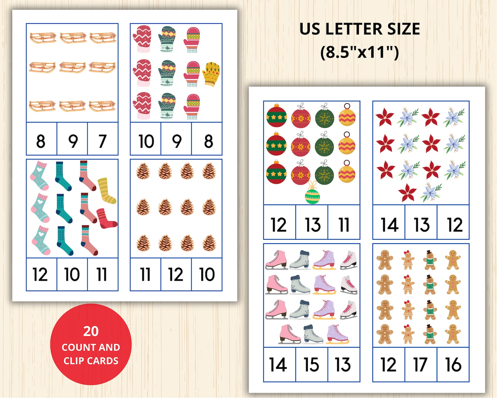 Winter Count and Clip Cards 1-20, Printable Preschool Math, Counting ...