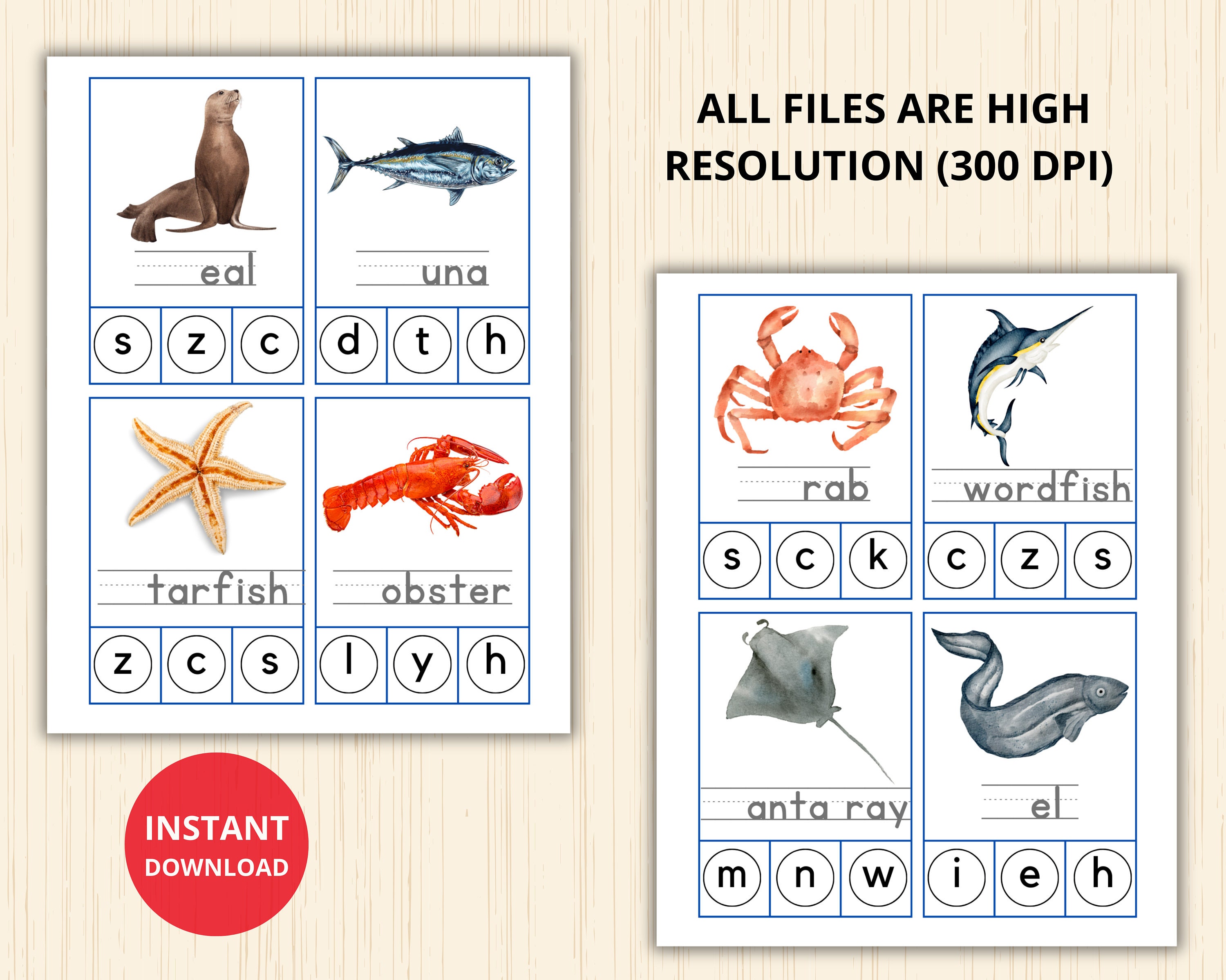 Ocean Animal Phonics Clip Cards, Beginning Sound Activity, Sea Animals ...