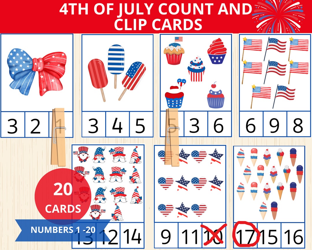 4th of July Count and Clip Cards,numbers 1-20,4th of July Cards ...