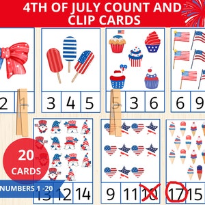 4th of July Count and Clip Cards,numbers 1-20,4th of July Cards ...