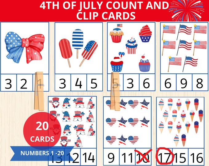 4th of July Count and Clip Cards,numbers 1-20,4th of July Cards ...