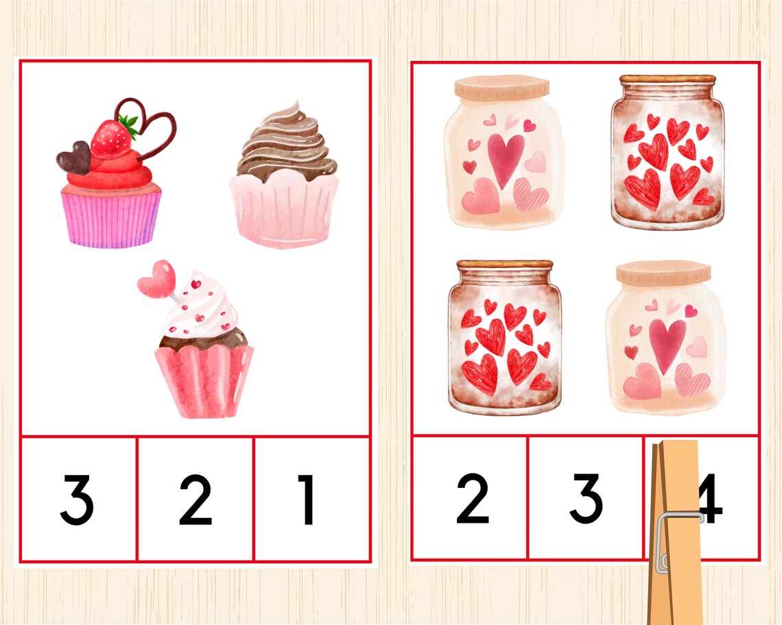 Valentine Count and Clip Cards,valentine's Day, Preschool Activity ...