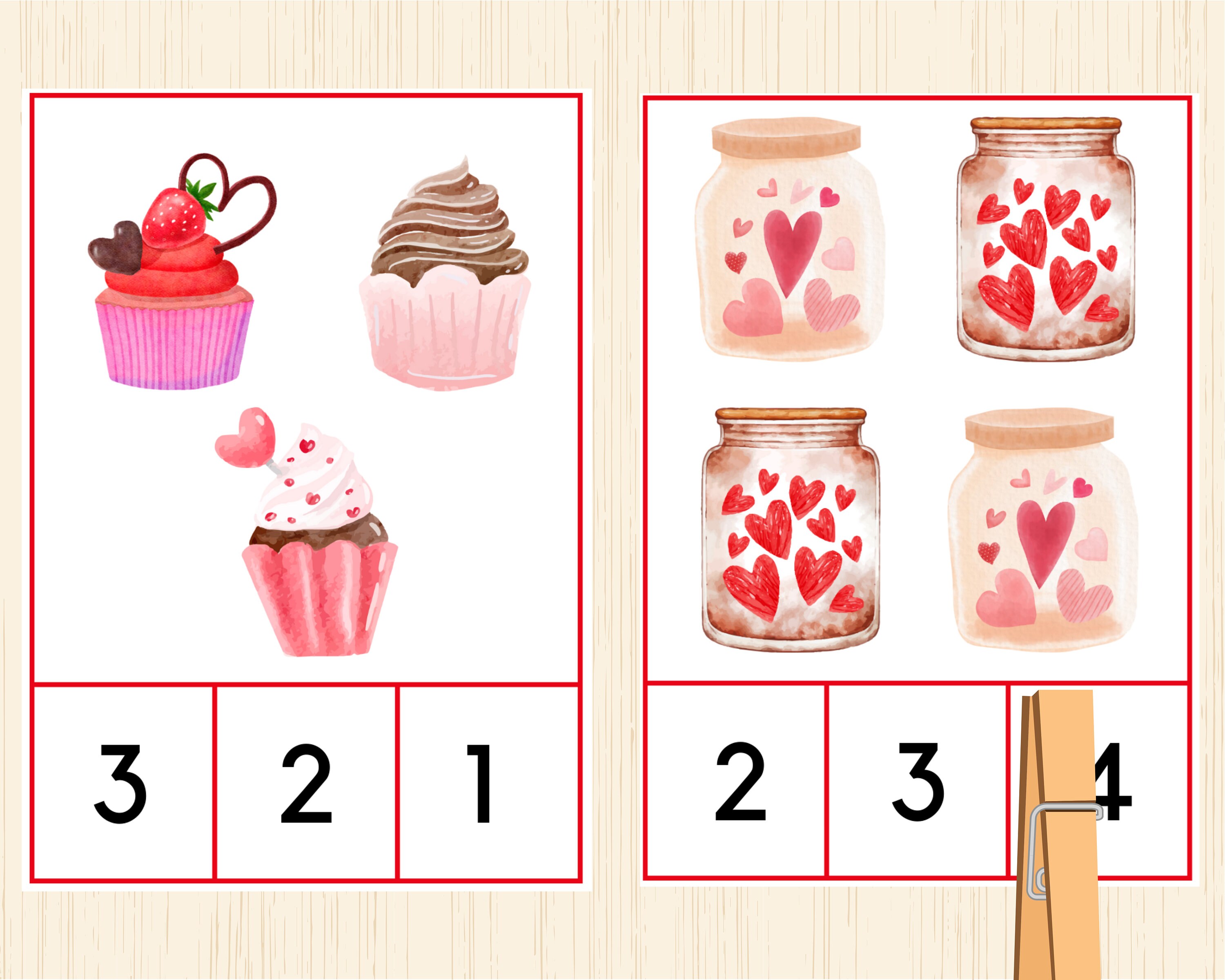 Valentine Count and Clip Cards,valentine's Day, Preschool Activity ...
