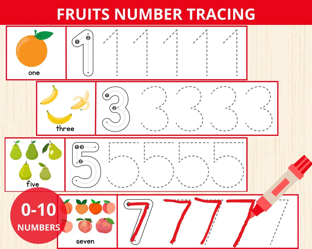 Fruit Number Tracing Cards,fruits Preschool Math,tracing Worksheets ...