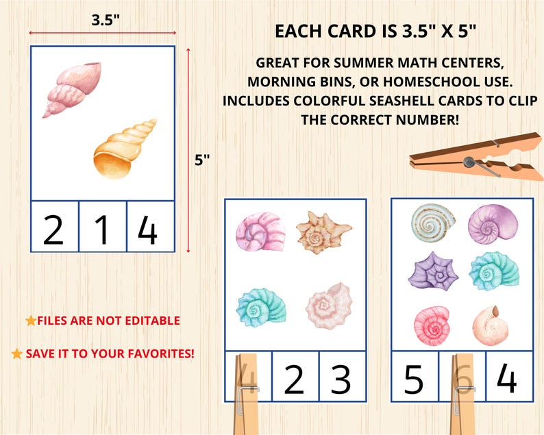Seashell Count and Clip Card,summer Count & Clip Card,shells Counting ...