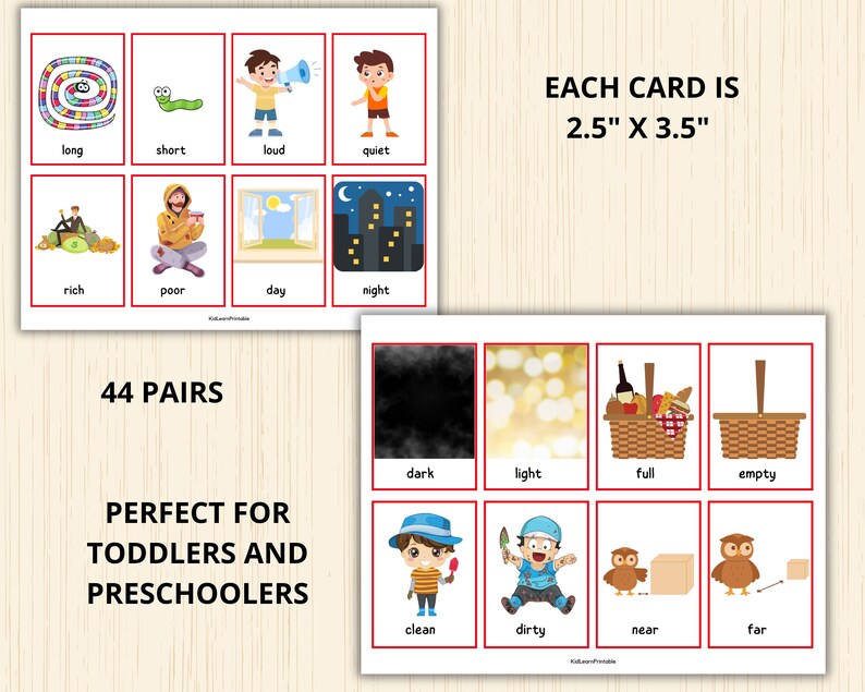 Opposites Matching Flashcards,opposites Flashcards for Kids, Pairing ...