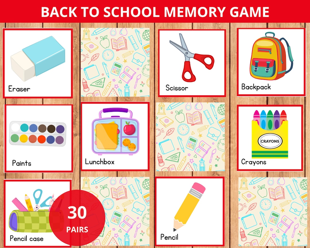 Back to School Memory Game,school Objects Vocabulary,back to School ...