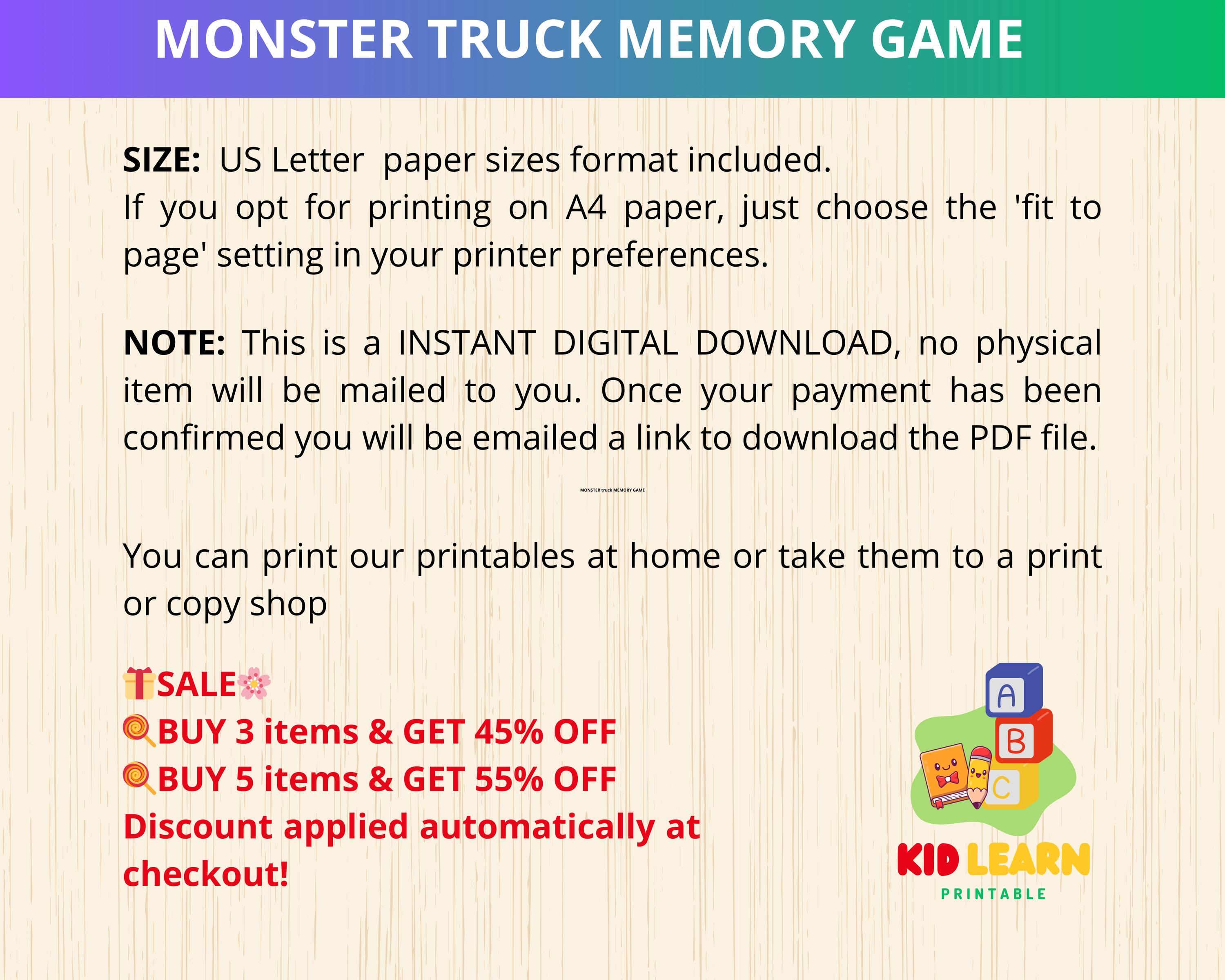 Monsters Truck Memory Game,monster Truck Matching Activity,memory Card ...