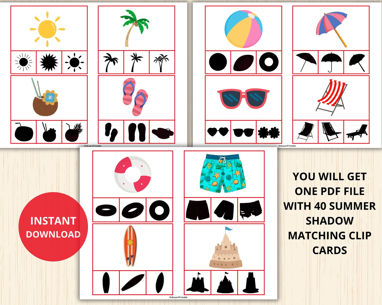 Summer Shadow Clip Cards,silhouette Matching,toddler Summer Matching ...