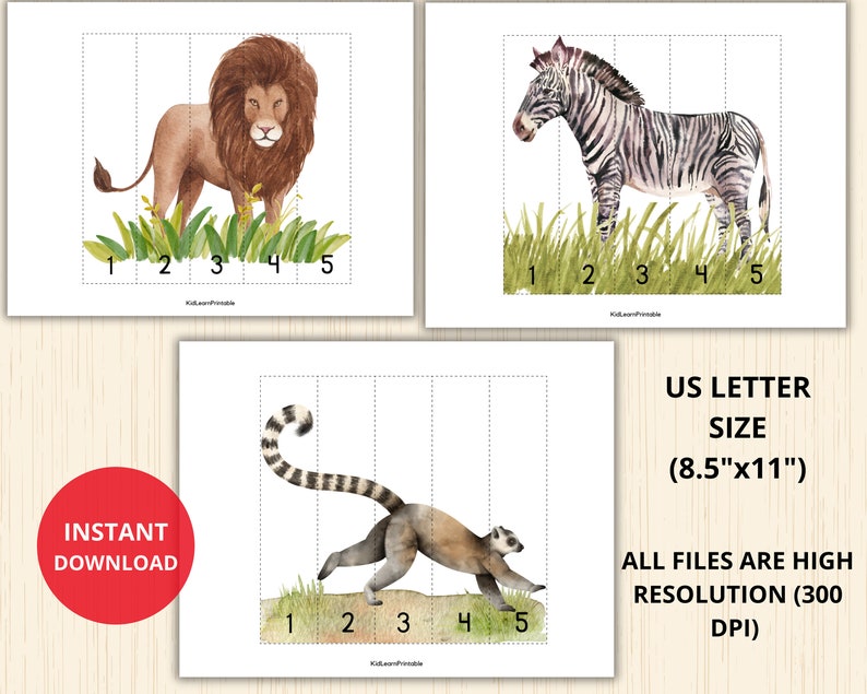 African Animal Number Sequence 1-5 Puzzles,african Animals Montessori ...