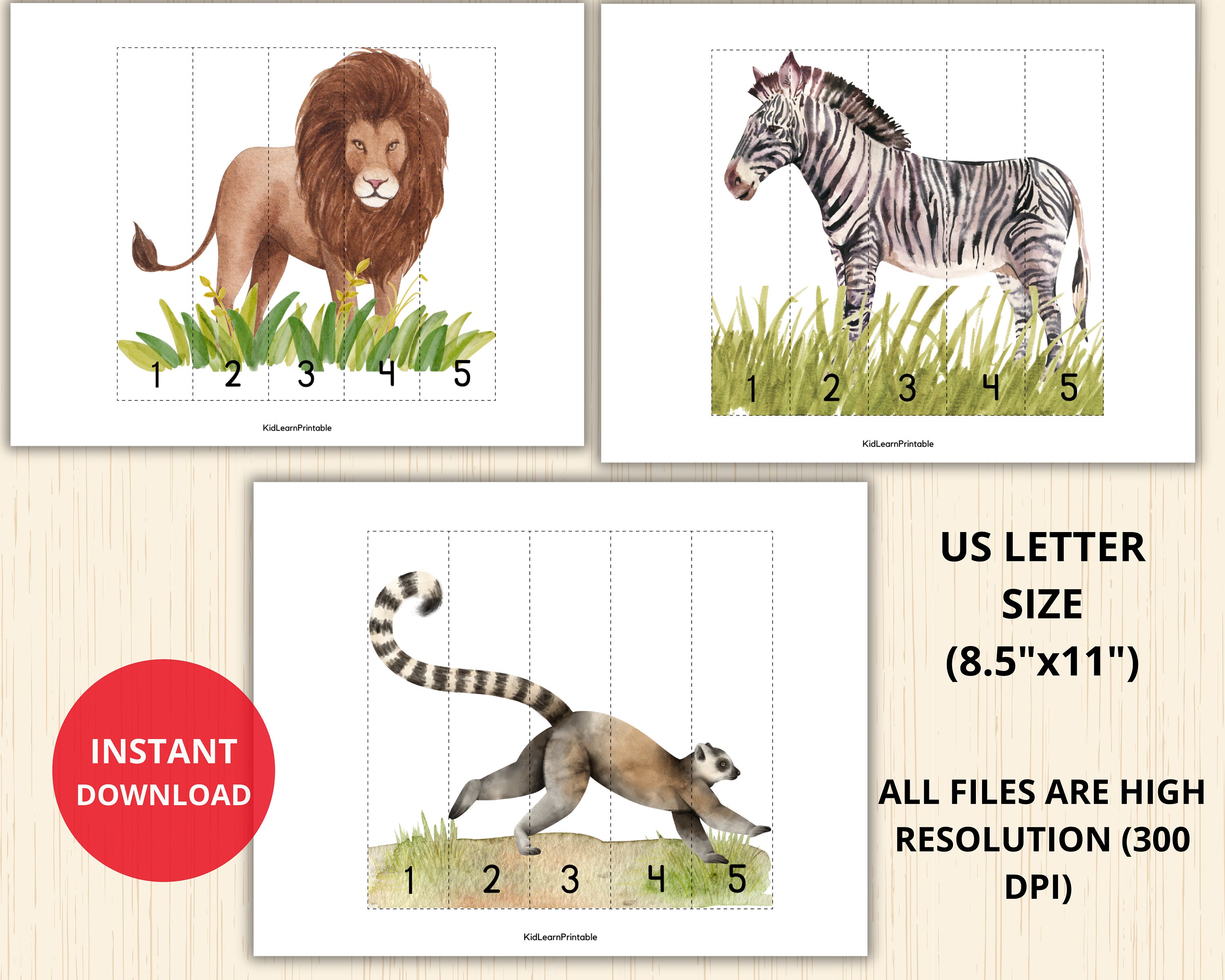 African Animal Number Sequence 1-5 Puzzles,african Animals Montessori ...