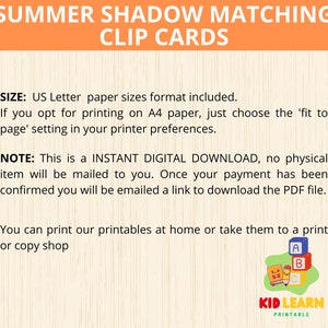 Summer Shadow Clip Cards,silhouette Matching,toddler Summer Matching ...