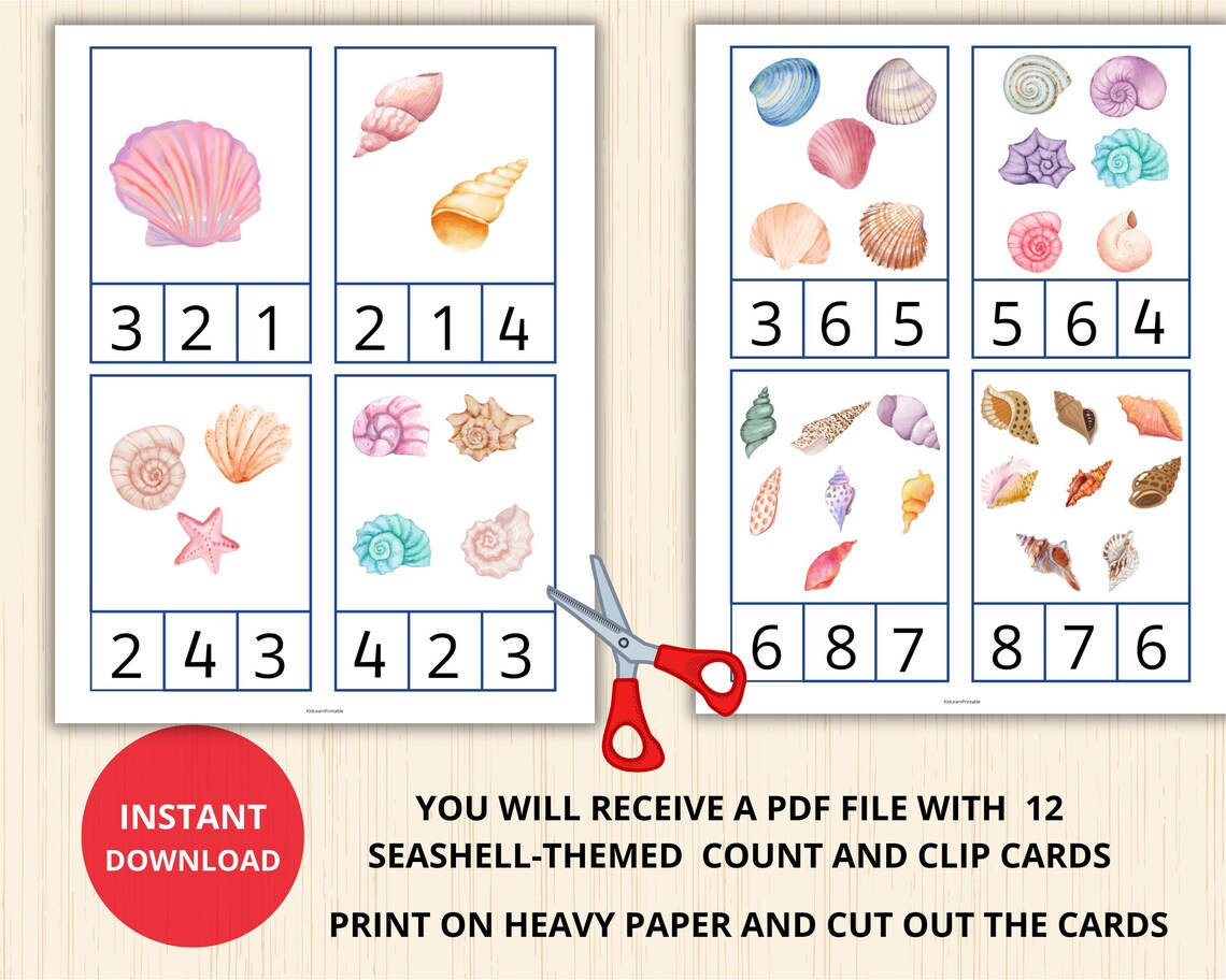 Seashell Count and Clip Card,summer Count & Clip Card,shells Counting ...