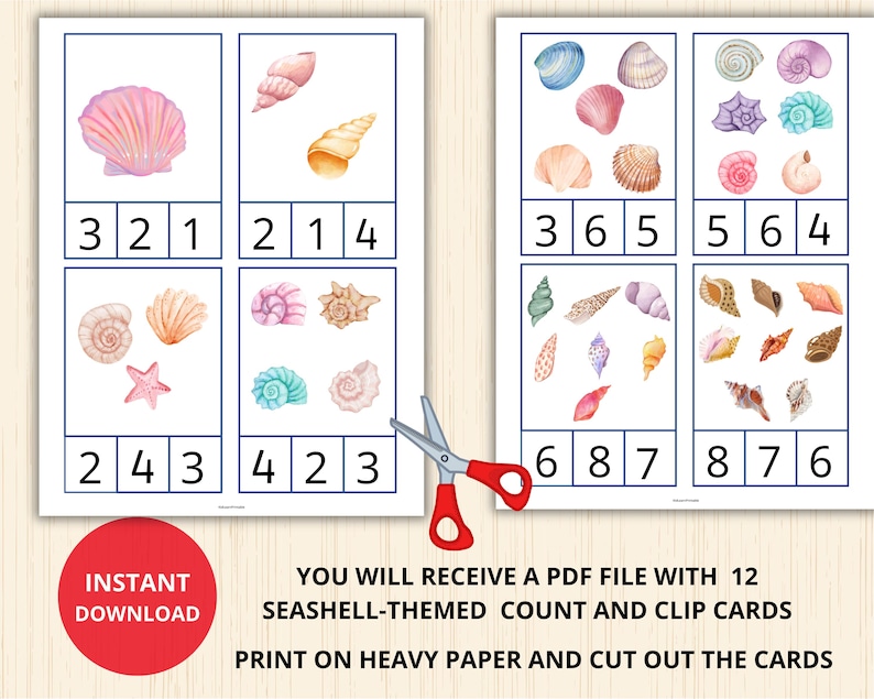 Seashell Count and Clip Card,summer Count & Clip Card,shells Counting ...