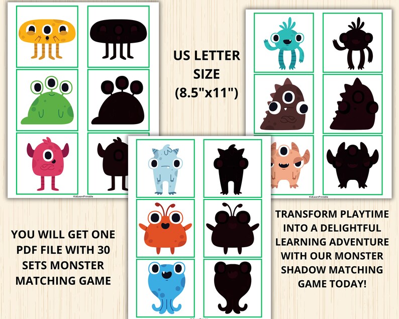 Monster Shadow Matching Games,monster Matching Activity,monster Puzzles ...