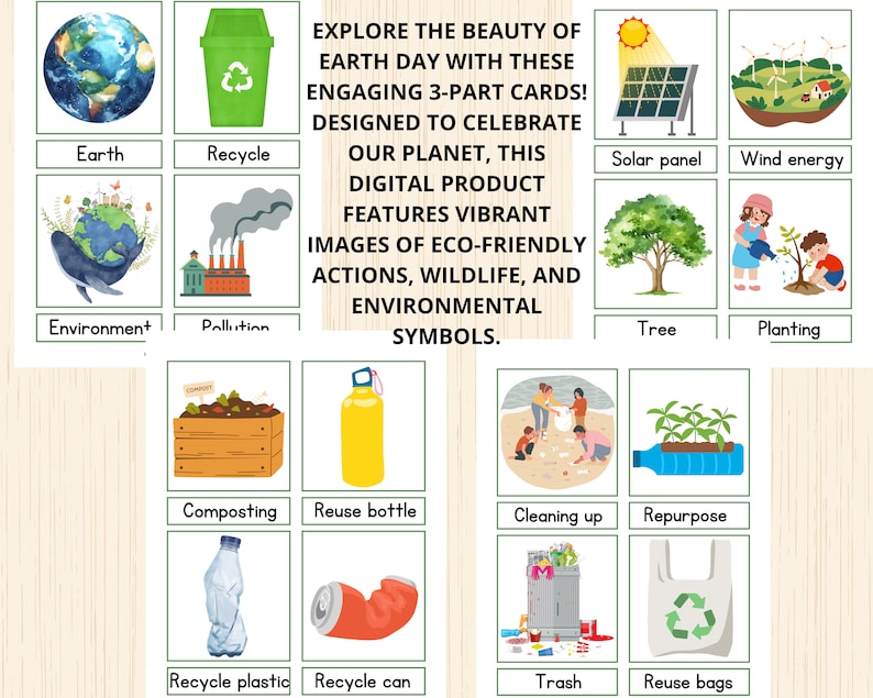 Earth Day Montessori 3 Part Cards,earth Day Flashcards,ecology Cards ...