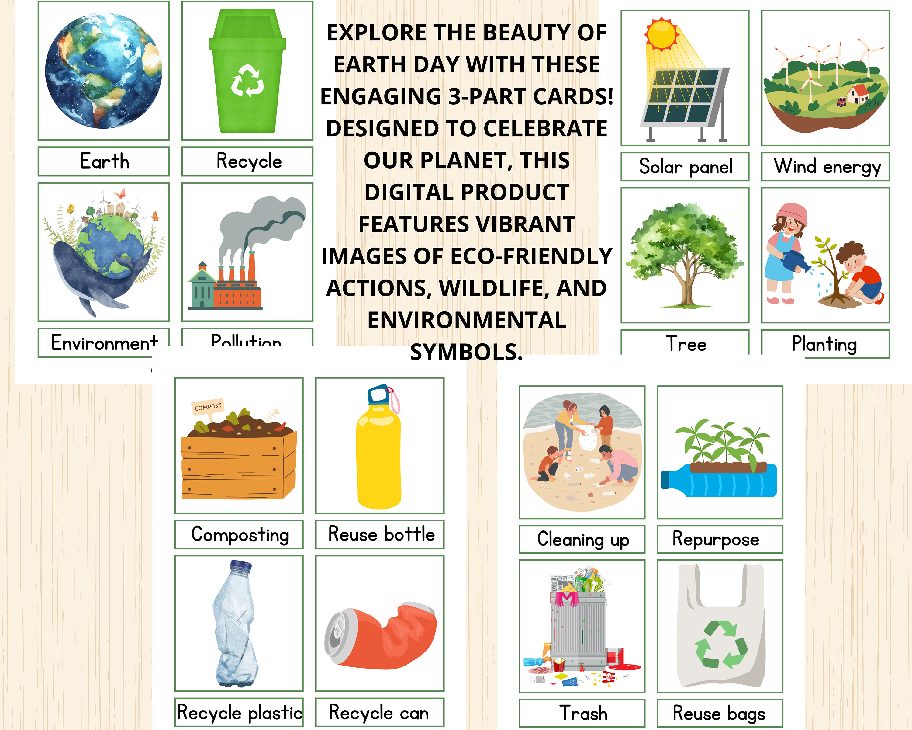 Earth Day Montessori 3 Part Cards,earth Day Flashcards,ecology Cards ...