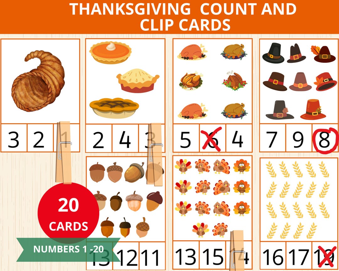 Thanksgiving Count and Clip Cards,numbers 1-20,thanksgiving Quiet Book ...