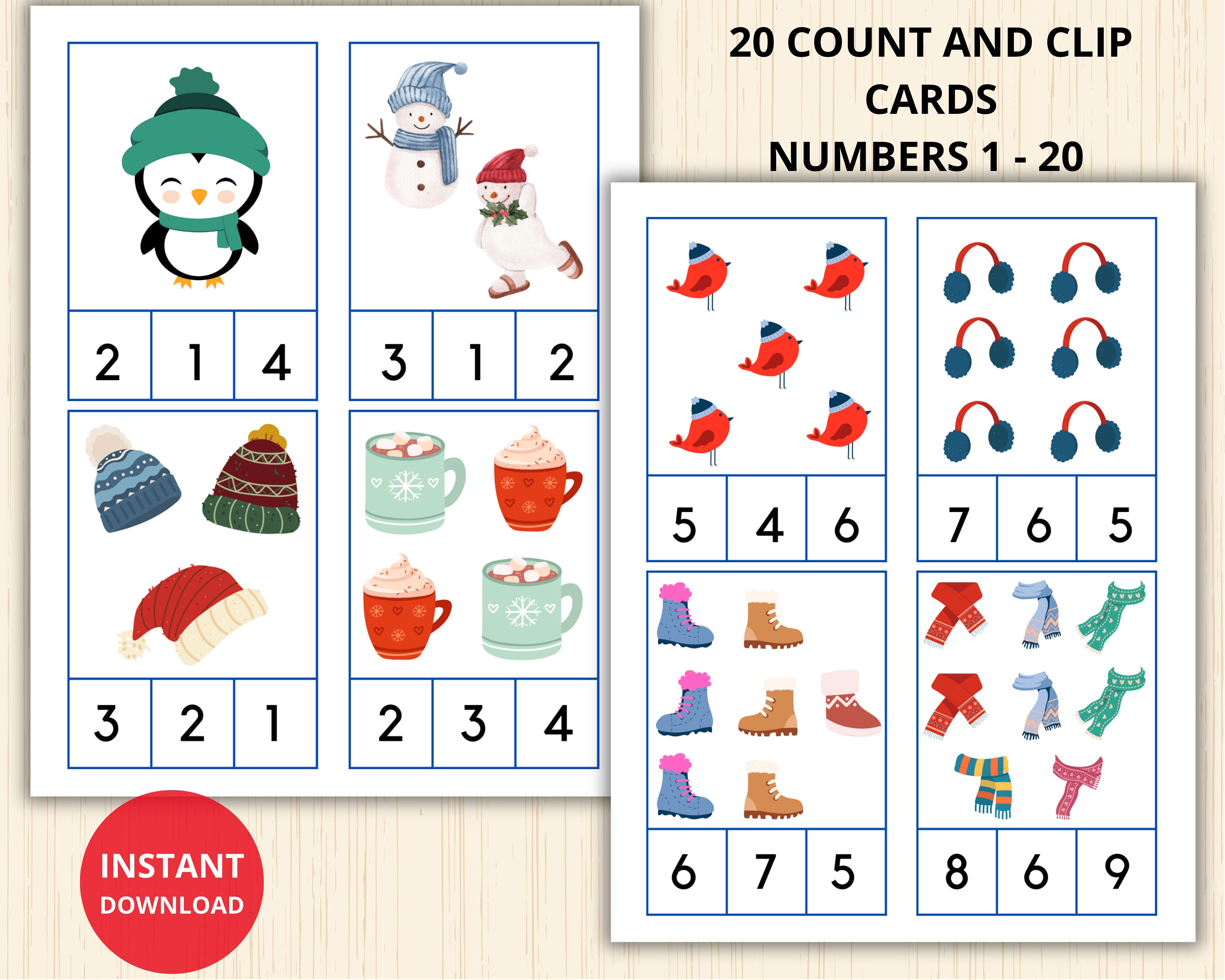 Winter Count and Clip Cards 1-20, Printable Preschool Math, Counting ...