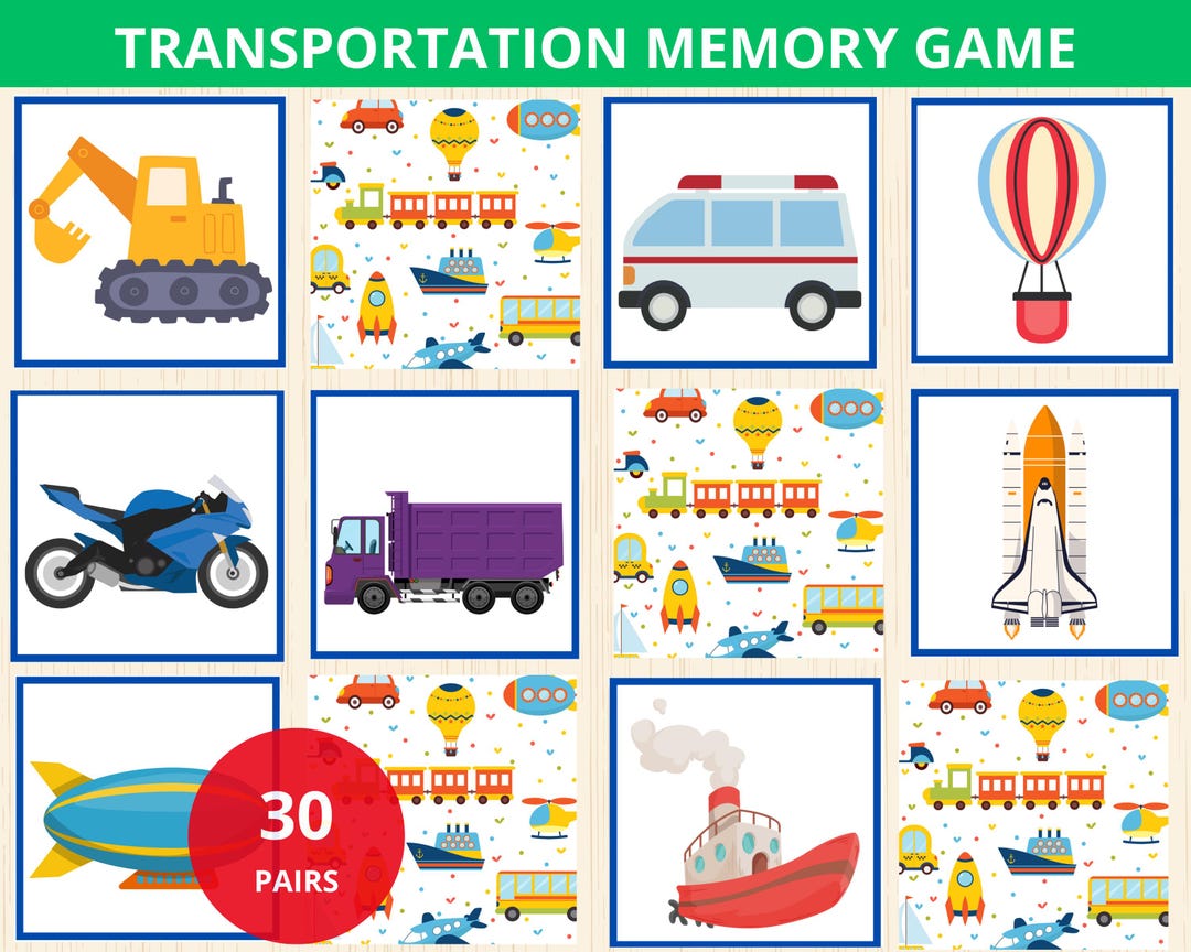 Transportation Memory Game,vehicle Matching Game,preschool ...