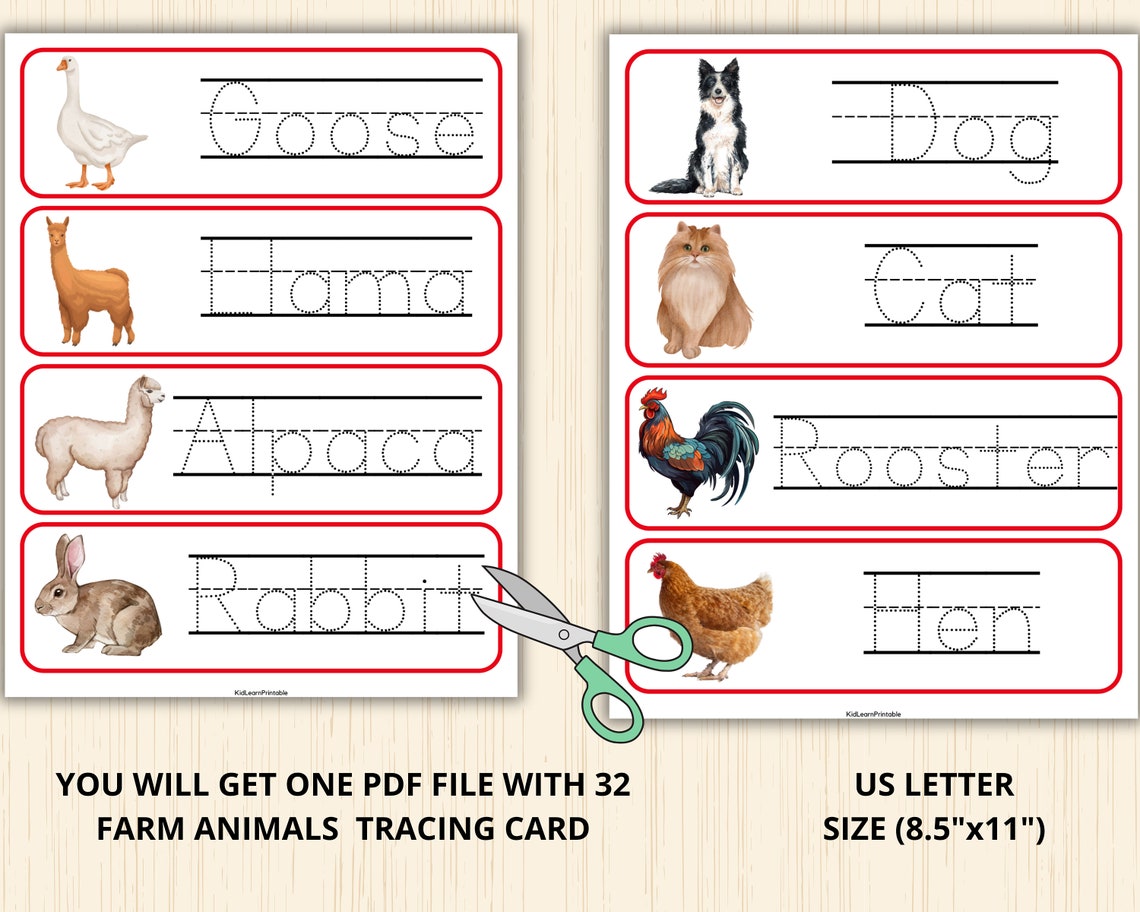 Farm Animals Word Tracing Cards,farm Words Tracing,farm Montessori,farm ...