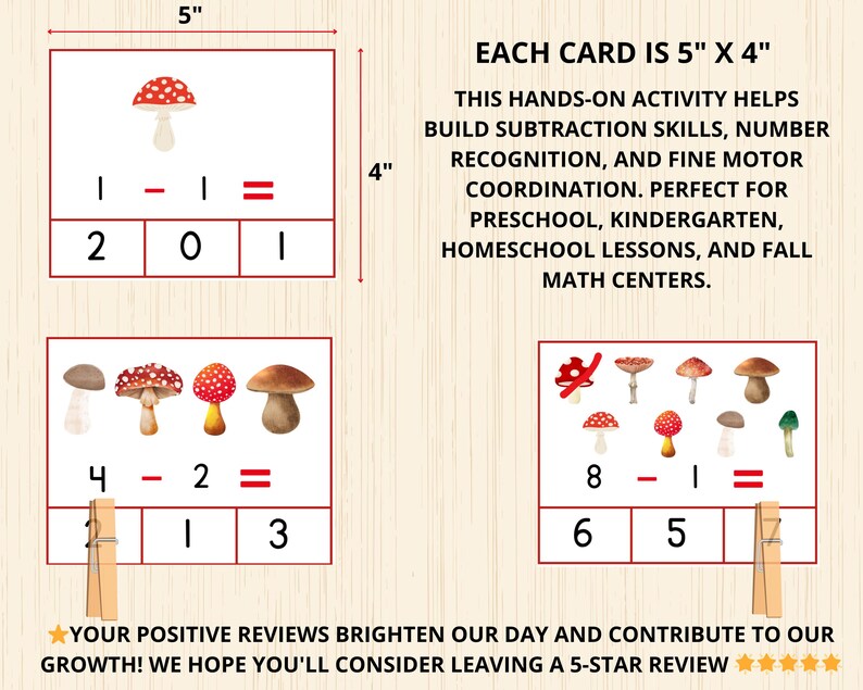 Mushroom Subtraction Clip Card,montessori Mushroom,subtraction Math ...