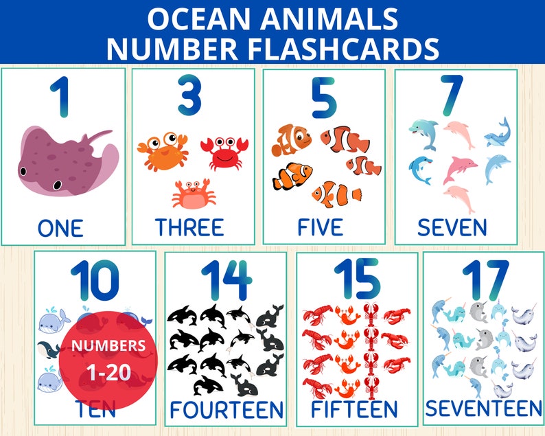 Ocean Number 1-10 Flashcards,sea Animals Number Cards,sea Animals ...