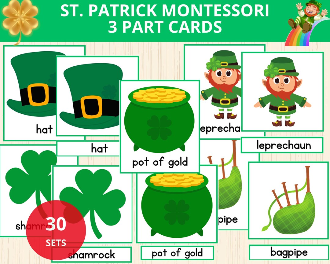 St. Patrick's Day 3 Part Cards, St Patrick Flashcards, Montessori Cards ...