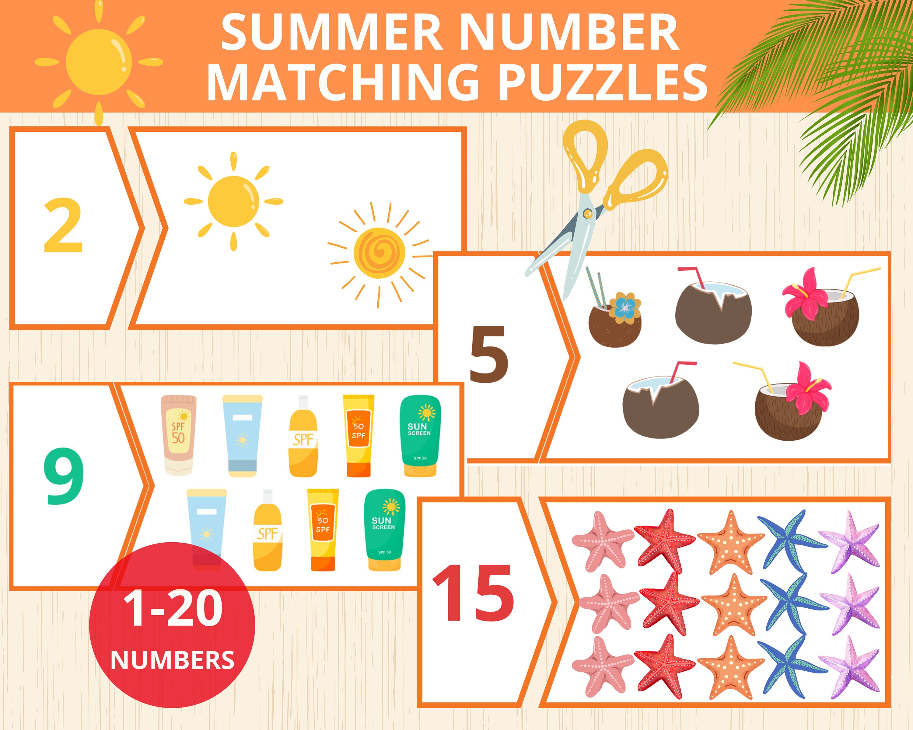 Summer Number Matching,summer Puzzle,counting Activity,preschool,number ...