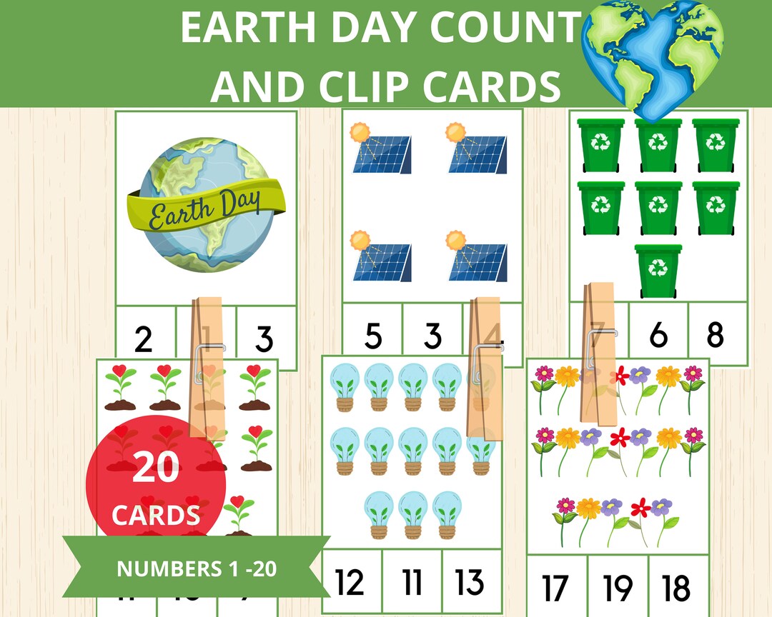 Earth Day Count and Clip Cards,numbers 1-20,counting Cards, Earth Day ...