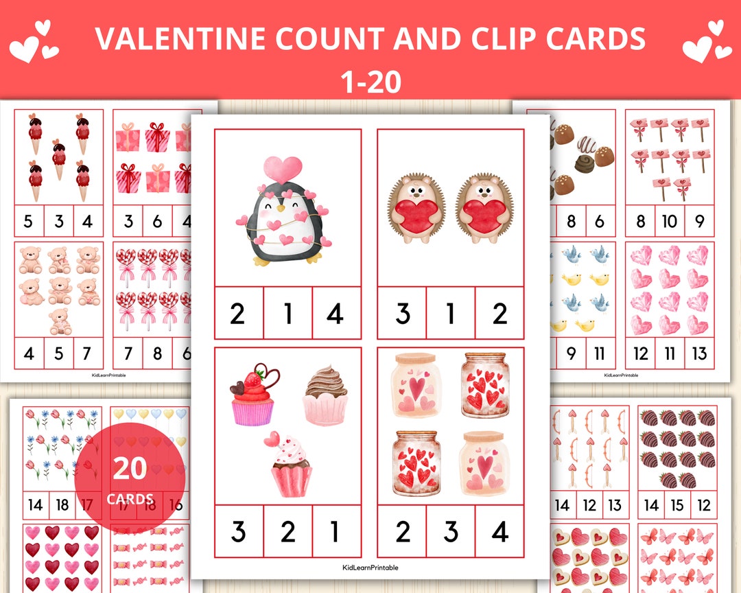 Valentine Count and Clip Cards,valentine's Day, Preschool Activity ...