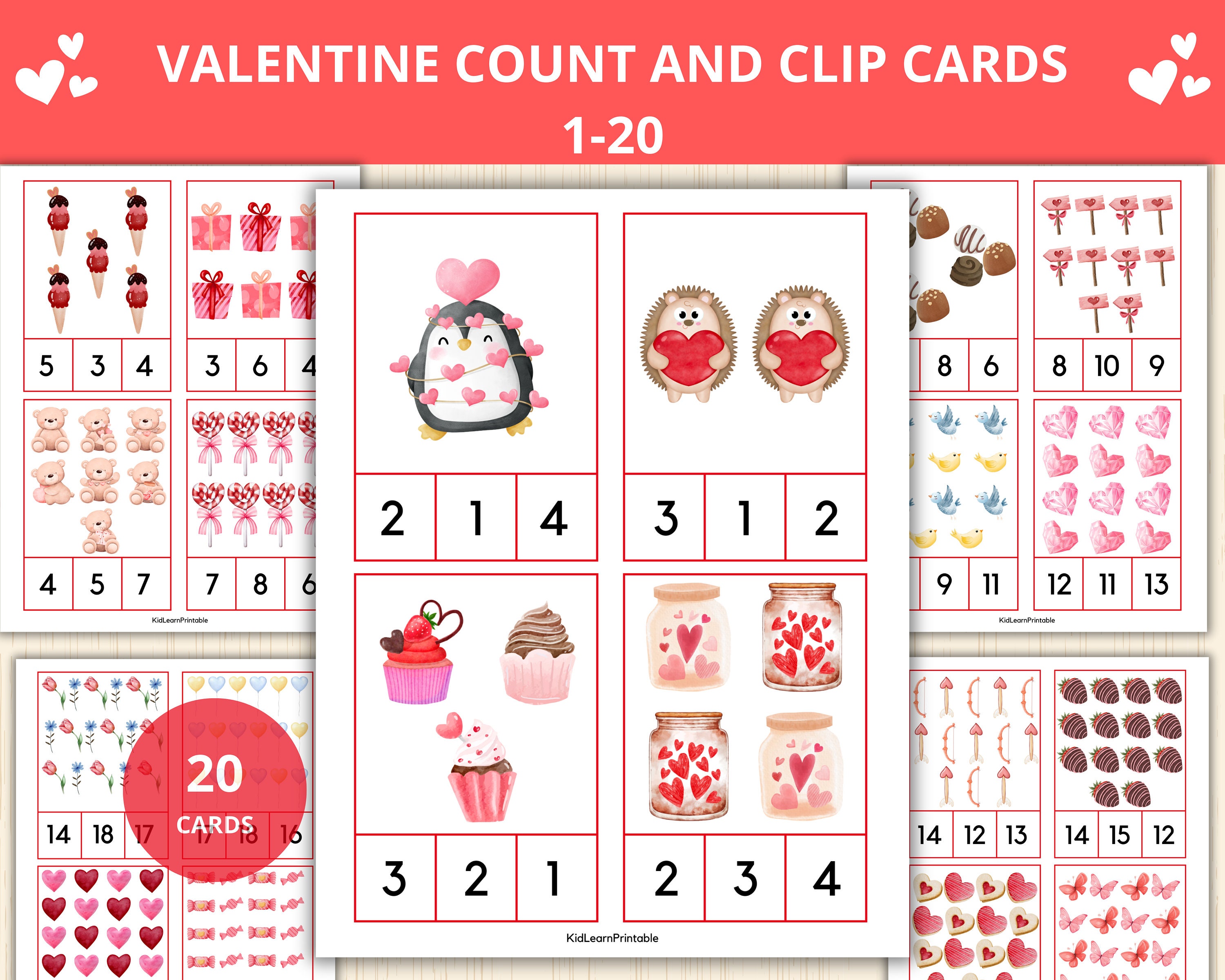 Valentine Count and Clip Cards,valentine's Day, Preschool Activity ...