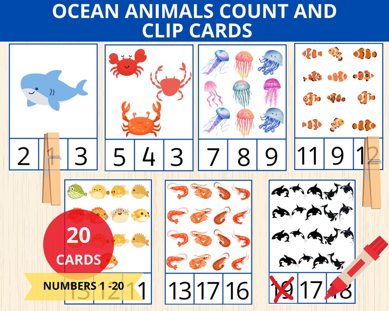 Ocean Animal Count and Clip Cards,numbers 1-20,ocean Animals Flashcards ...