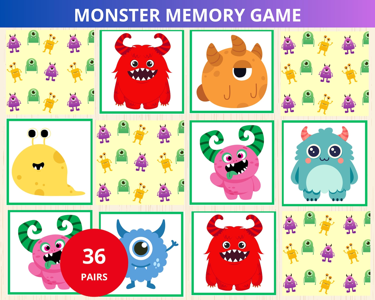 Monsters Memory Game for Kids,fun Monsters Matching Activity,memory ...